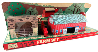 vtg 50s Ohio Art Tin Litho Play Time Farm Set w/ Box tractor barn WOW ...