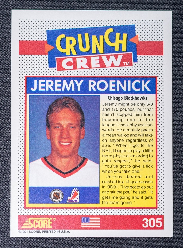 1991-92 Score Crunch Crew Jeremy Roenick Chicago Blackhawks Card #309 ...