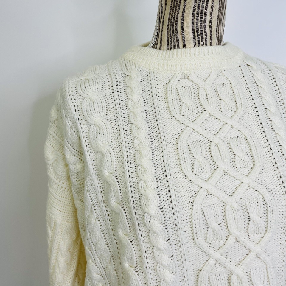 Vintage 90s Cottage Core Fisherman Knit Chunky White Jumper Sweater L ...