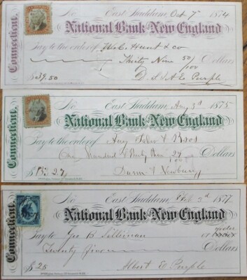 East Haddam, CT, National Bank of New England 1870s Bank Checks, Four ...