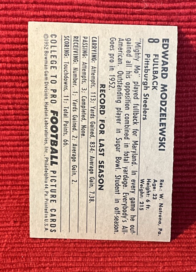 Ed Modzelewski (RC) (MK) 1952 Bowman Large Pitt. Steeler/ UNIVERSITY OF ...