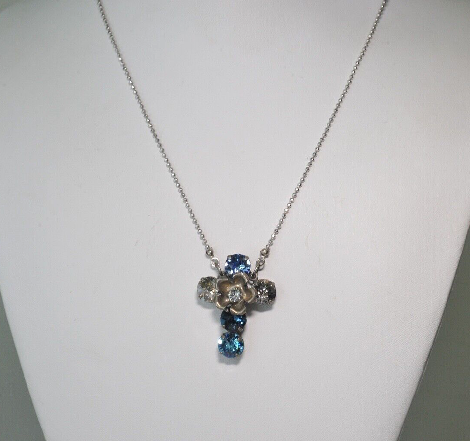 Sabika Silver Tone Necklace Blue Clear Crystal Cross flower Htf Style ...