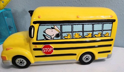 Peanuts Snoopy Woodstock Yellow School Bus Bank Ceramic Westland ...