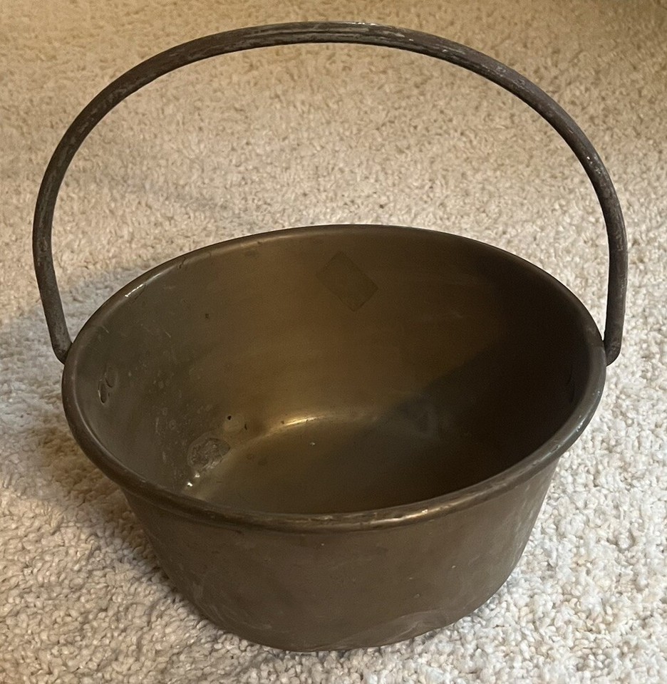 ANTIQUE BRASS COOKING KETTLE /POT WITH RIVETED STEEL HANDLE (12"x12 ...