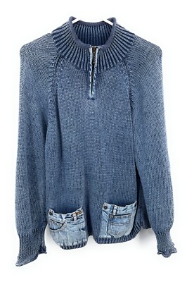 PBJ BLUES Women’s Size S Loose Knit Blue Denim Sweater Arm Patches 1/4 ...