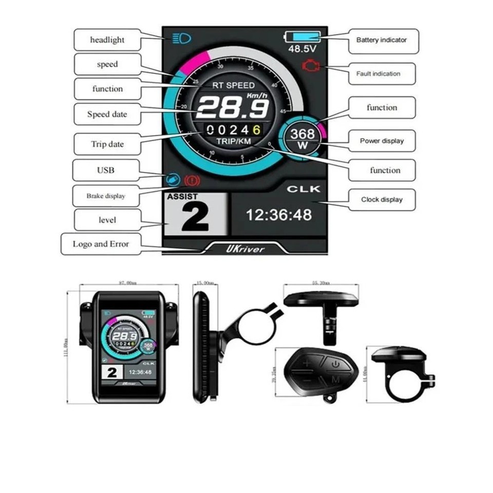 EBike LCD Display 36V-72V UKC1 Colorful Display with UART No. 2 OMD ...