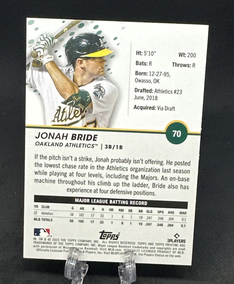 Jonah Bride 2023 Topps Pristine Baseball RC #70 Oakland A’s Rookie Card ...
