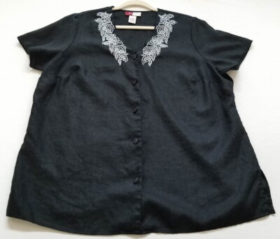 JM Collection Blouse Women’s 18W Black White Floral Short Sleeve Button ...