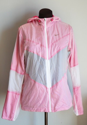 NIKE Long Sleeve CYCLONE Running Hooded JACKET Zip Front White Pink ...