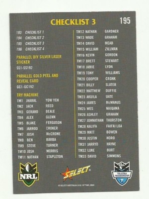 2012 NRL SELECT CHAMPIONS CHECKLIST # 3 CARD # 195 | eBay