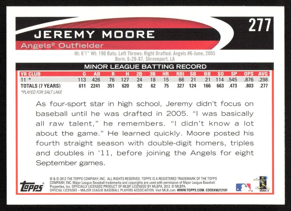 2012 Topps Jeremy Moore RC #277 Los Angeles Angels | eBay