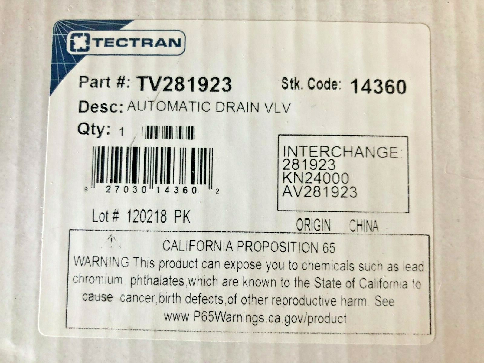 Tectran TV281923 DV-2 Auto. Drain Valve = Bendix 281923, 281923X ...