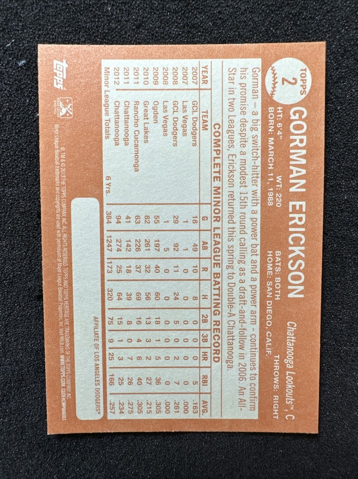 GORMAN ERICKSON #2 2013 Topps Heritage Minor League QTY Rookie/Prospect ...