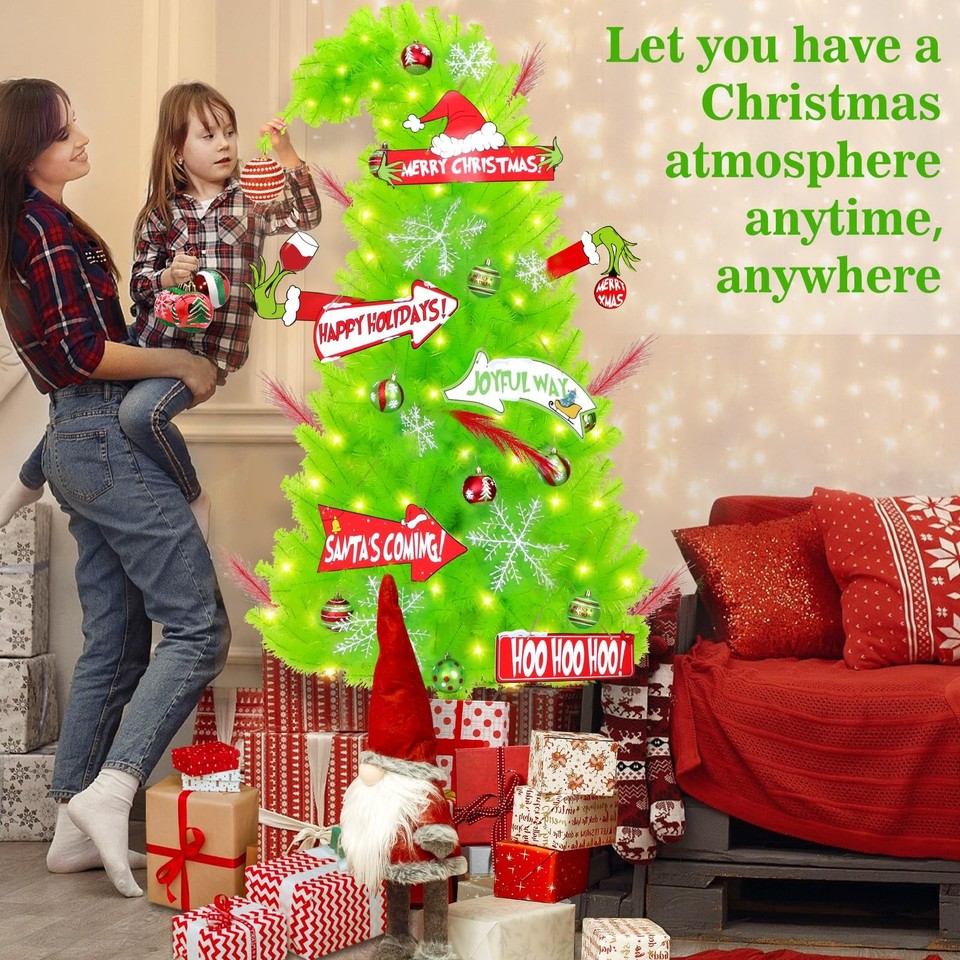 6FT Grinch Christmas Tree w/ Skirt, 39-Piece Whimsical Lime Green Xmas ...