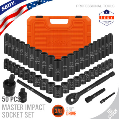 50PCS Impact Socket 3/8" DR Shallow & Deep SAE & Metric w/ Carry Case ...