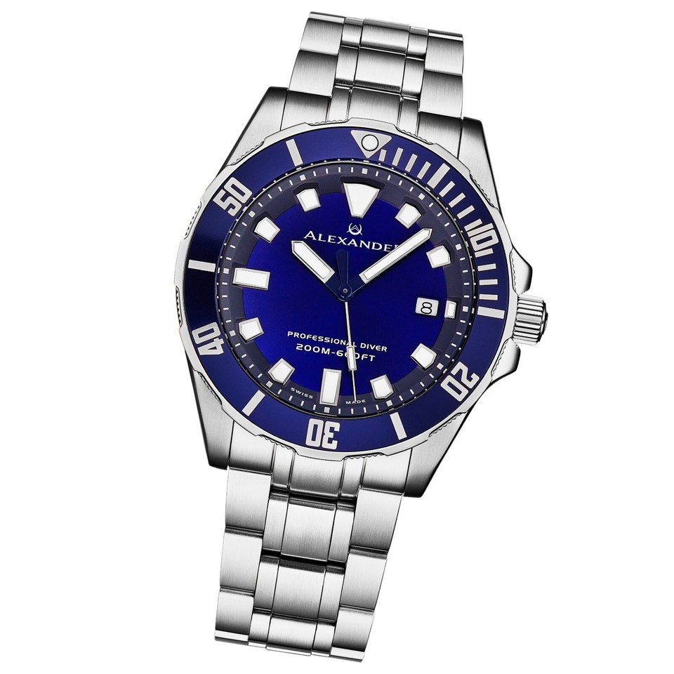Alexander Men's Swiss Made Quartz Divers Slim Profile Stainless Steel ...
