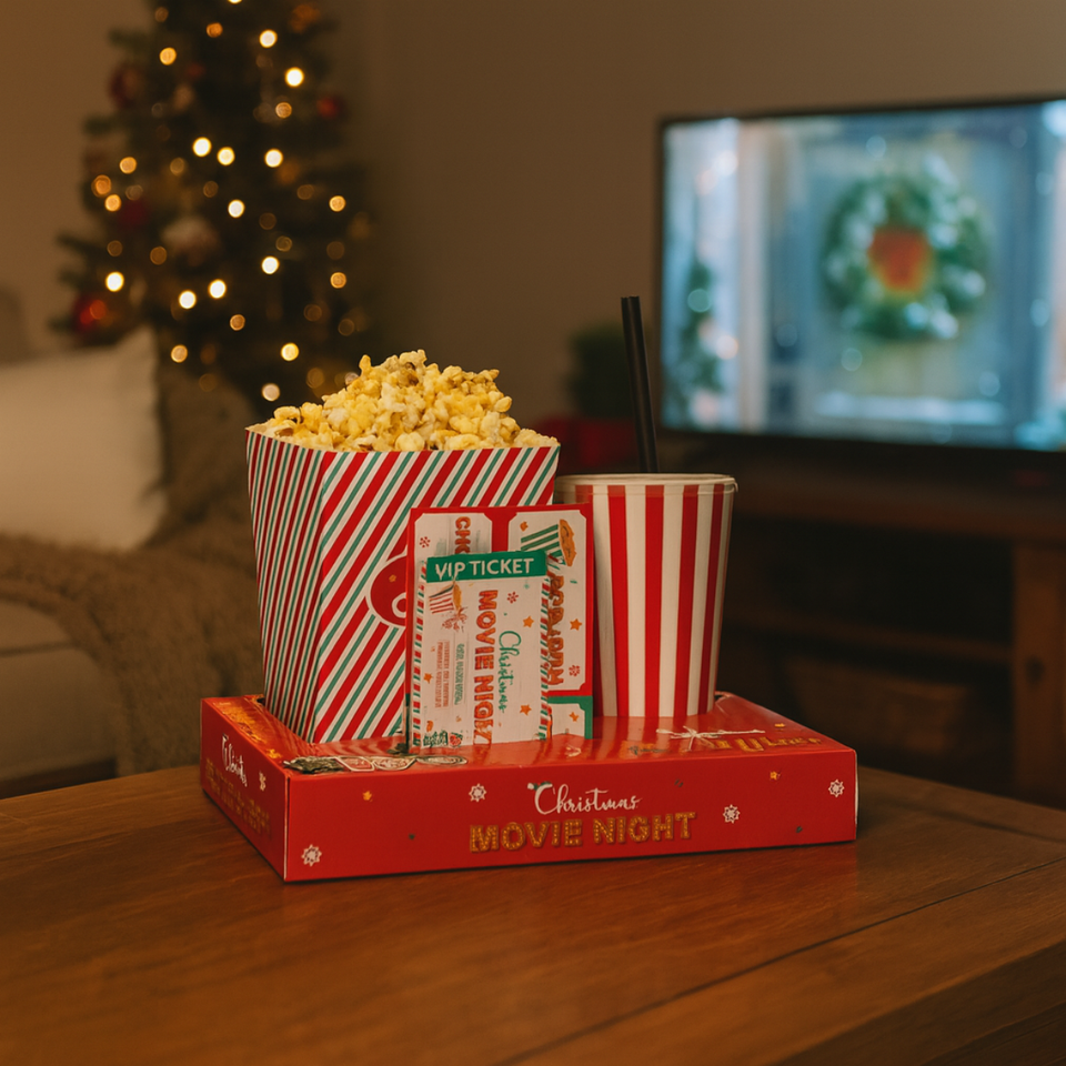 Christmas Movie Night Box Set Popcorn Snack Trays Coupons Tickets Party ...