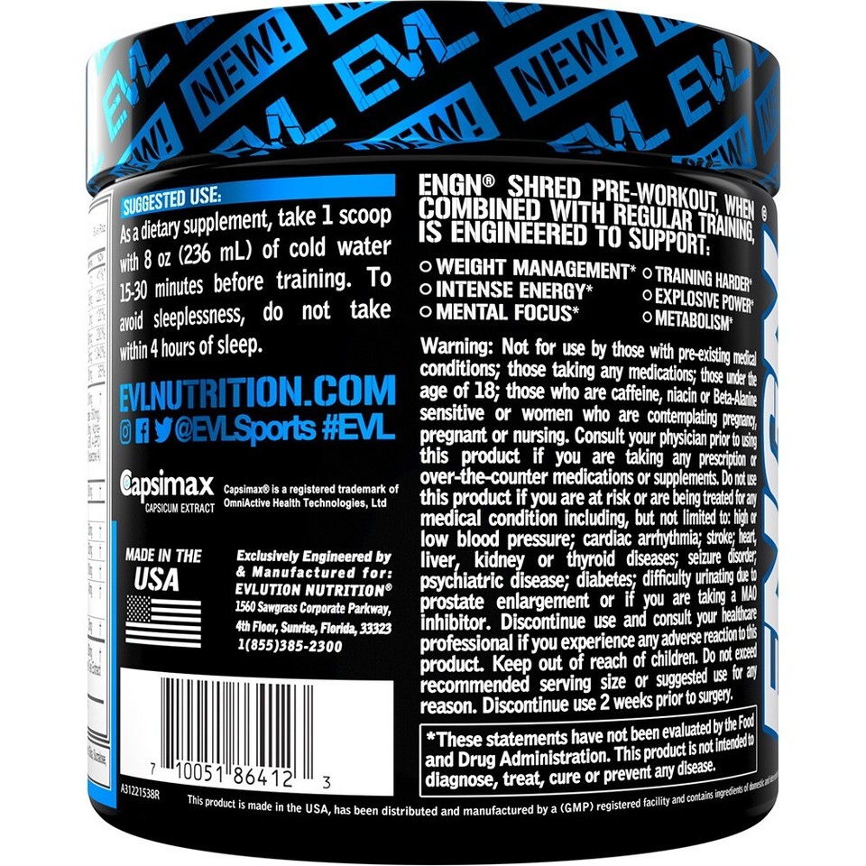 EVL ENGN Shred Best Fat Burner Pre Workout Energy Drink Mix, 30sv Blue ...