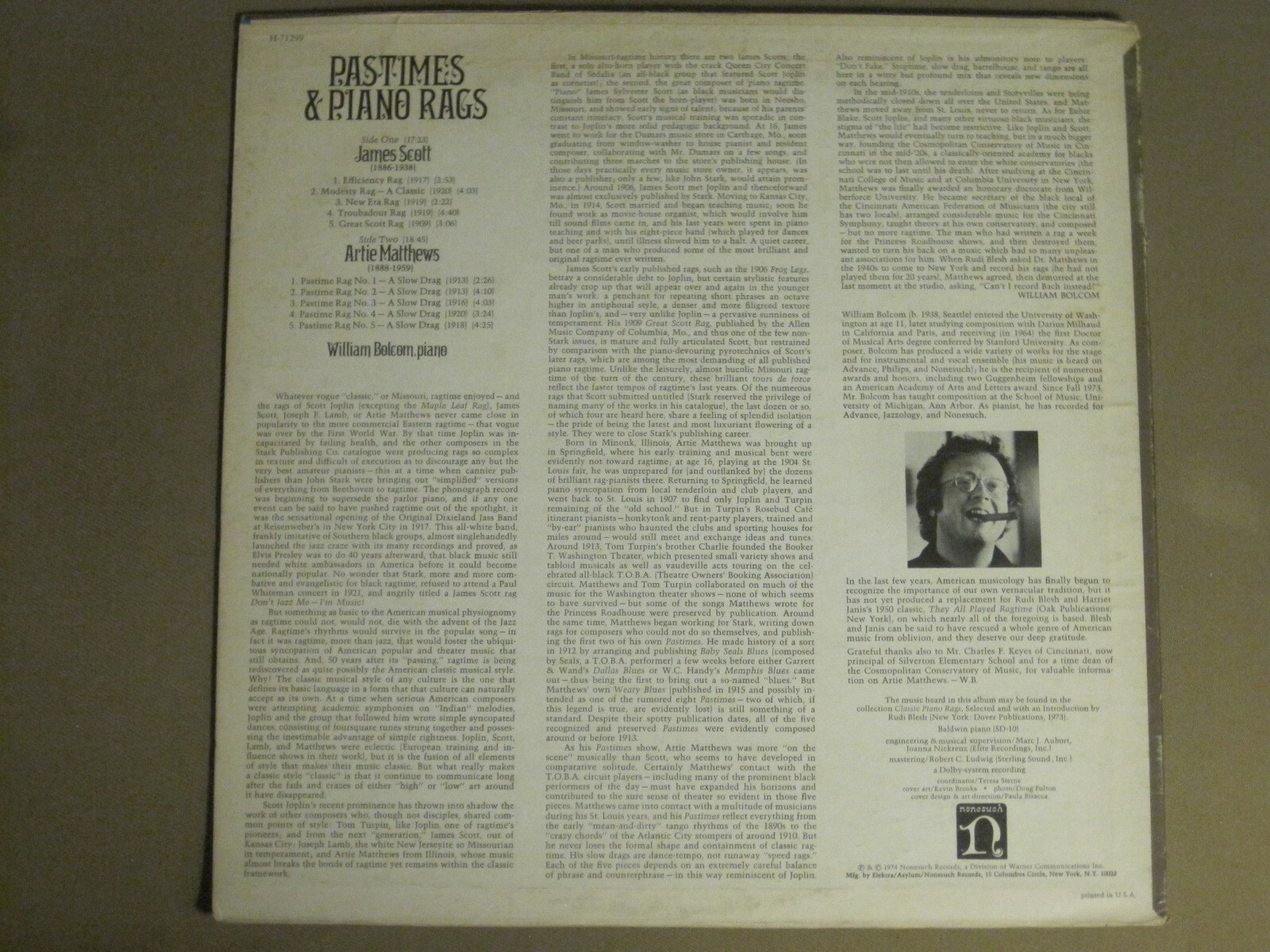 WILLIAM BOLCOM PASTIMES & PIANO RAGS LP NONESUCH H-71299 RAGTIME JAZZ ...