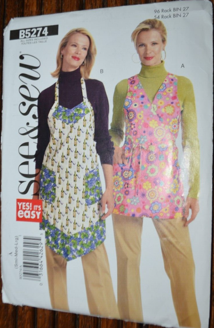 Butterick See & Sew S,M,L Easy Aprons Pattern 5274 Front Wrap Smock ...