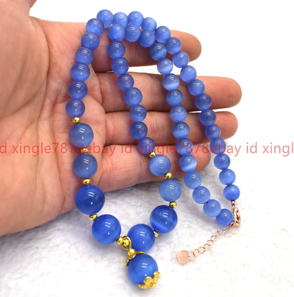 Natural 6-10mm Blue Cat Eye Round Gems Beaded Pendant Necklace Earrings ...
