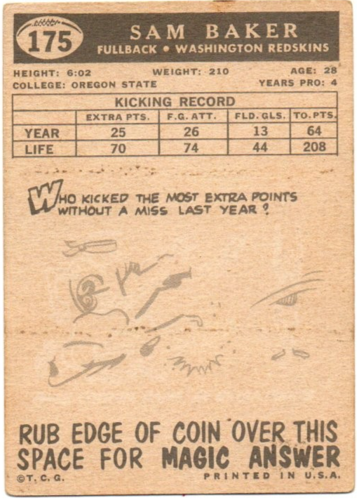 1959 TOPPS Vintage Football Card #175 - SAM BAKER, Washington Redskins ...