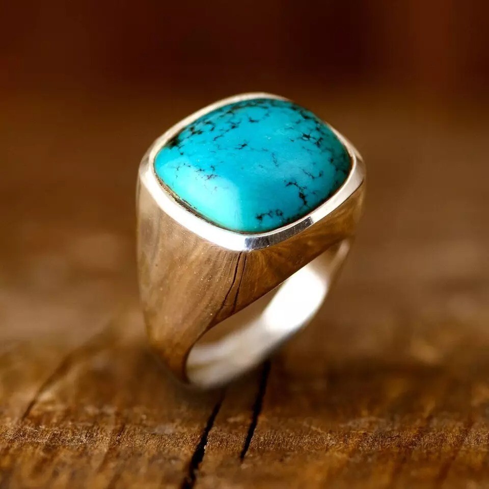 Turquoise Signet Ring for Men, 925 Sterling Silver Men's Ring, Square ...