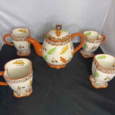 Temp-tations Old World Harvest Fall Thanksgiving Tea Pot + 4 Cups 14oz ...