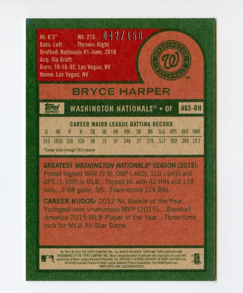 E748 BRYCE HARPER 2016 TOPPS ARCHIVES RC REPRINT 42/150 NATIONALS RARE ...