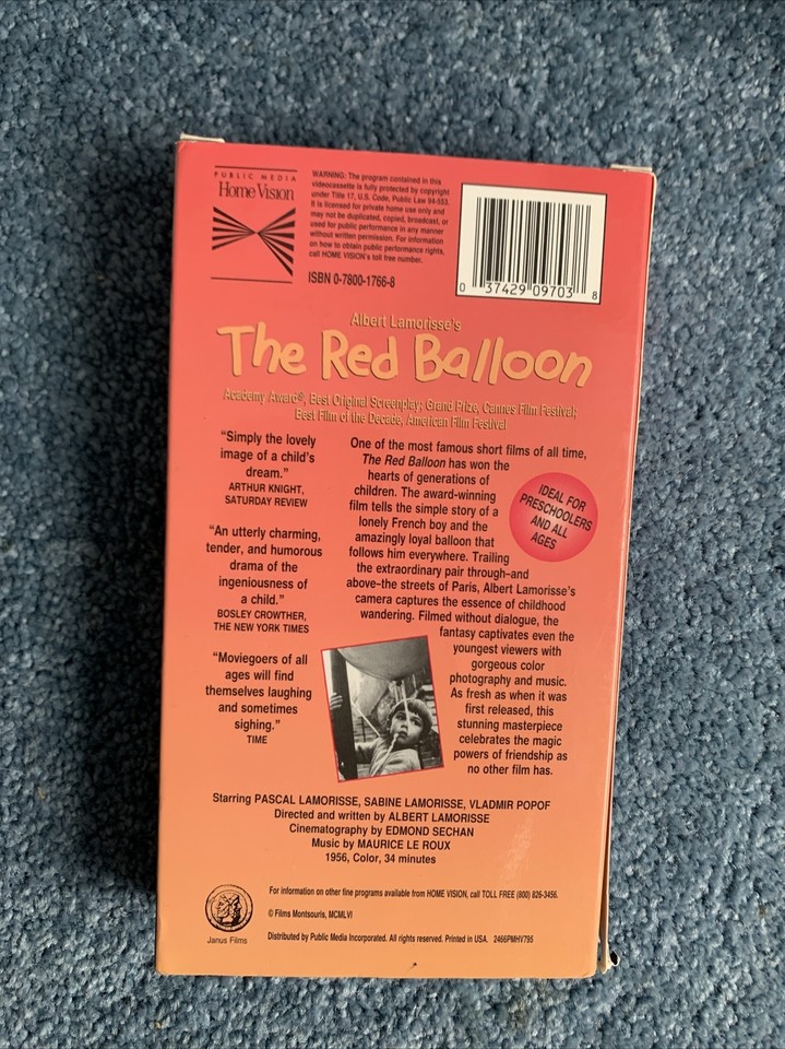 The Red Balloon (VHS, 1956) Pascal Lamorisse Academy Award Winner ...