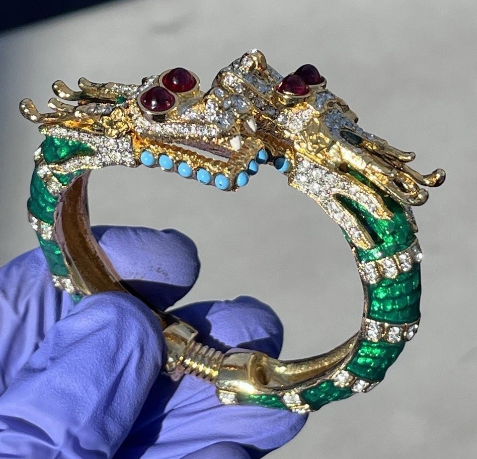 Enamel Rhinestone Two Headed Twin Dragon Green Bracelet KJL KENNETH JAY ...