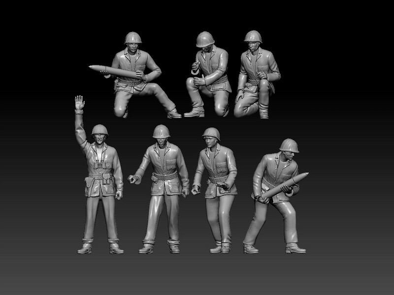 3D printed 1/72 WW II US "105 Artillery troop Offensive posture" 7 man ...