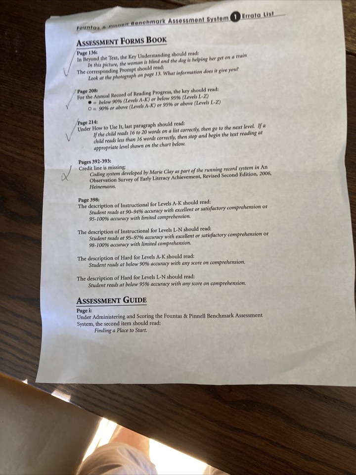 FOUNTAS & PINNELL Benchmark Assessment System 1 Grades K-2 Levels A-N ...