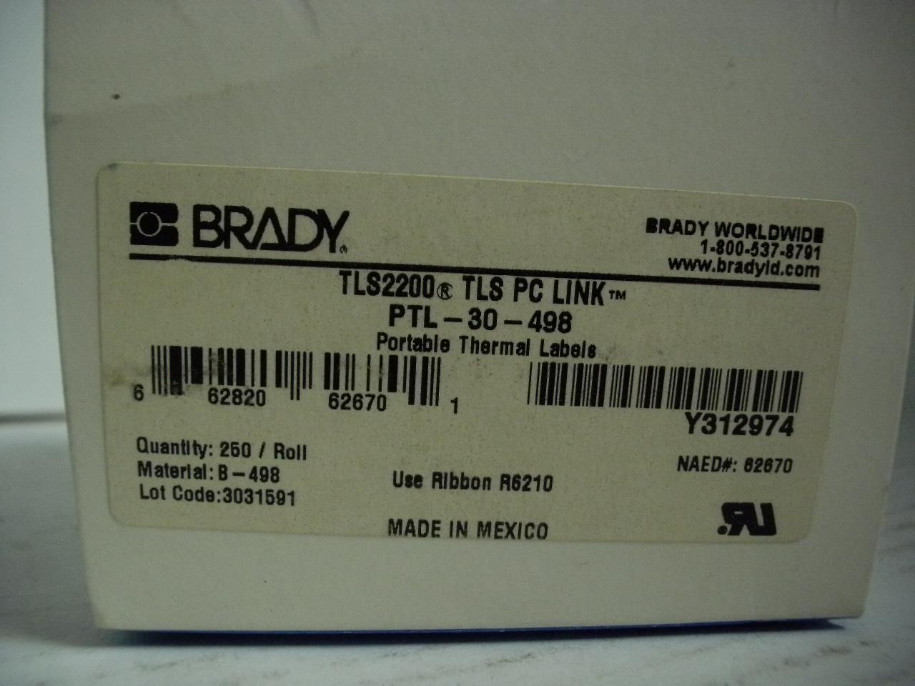 BRADY PTL-30-498 Y312974 THERMAL LABEL RIBBON FOR TLS2200 / TLS PC LINK ...