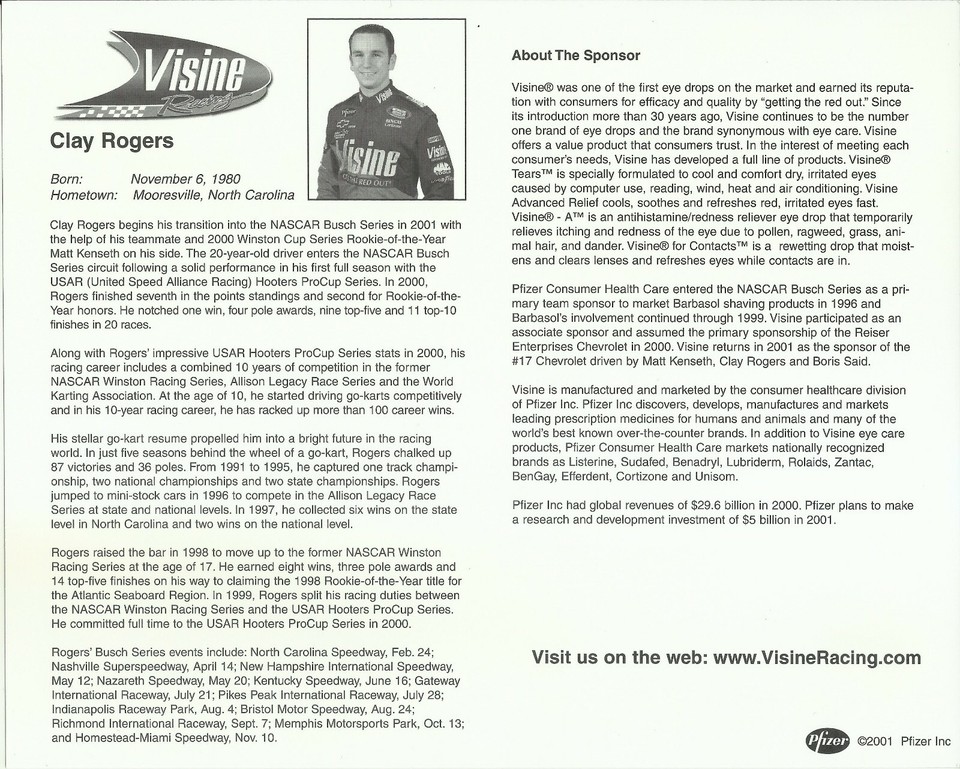 Clay Rogers NASCAR Racing Original Autograph 8x10 Signed Hero Card | eBay