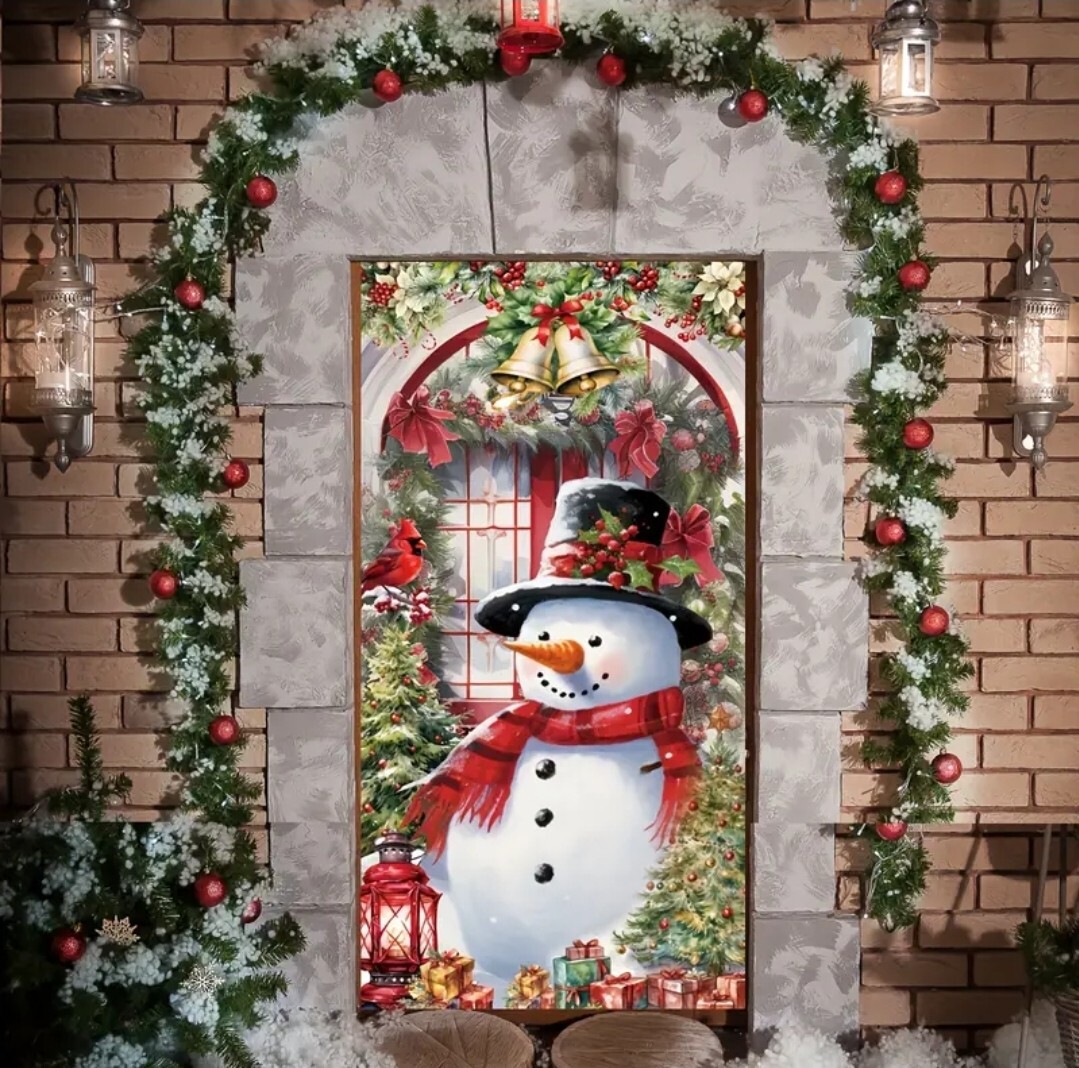 Holiday Christmas Plastic Door Cover 71" x 35" Wall Hanging Snowman ...