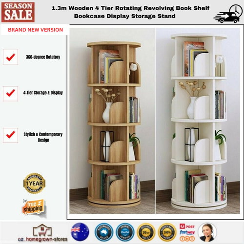 1.3m Wooden 4 Tier Rotating Revolving Book Shelf Bookcase Display Storage Stand | eBay Australia