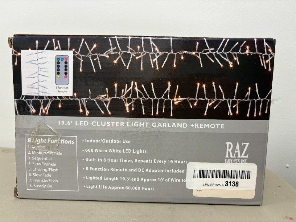 RAZ 19.5' Warm White 600 LED Cluster Light String Set GARLAND TIMER ...