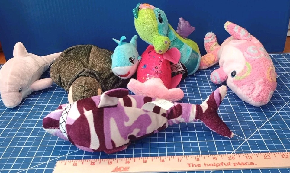 Lot Of 7 Stuffed Sea Animals Turtle, Sharks, Dolphins, Seahorse Plush ...