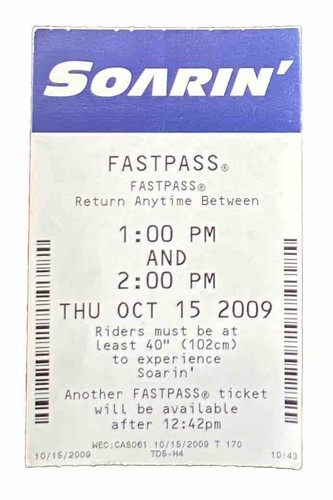 Disney World Paper FastPass Epcot Soarin’ - 2009 Rare Retired Out of ...