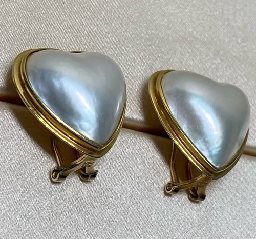 Vintage 14K 585 Yellow Gold Mabe Pearl Heart Shaped Bezel Earrings ...