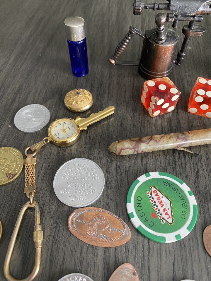 Vintage JUNK DRAWER Lot Tokens Dice Split Shot Car Pendant Casino Chip ...