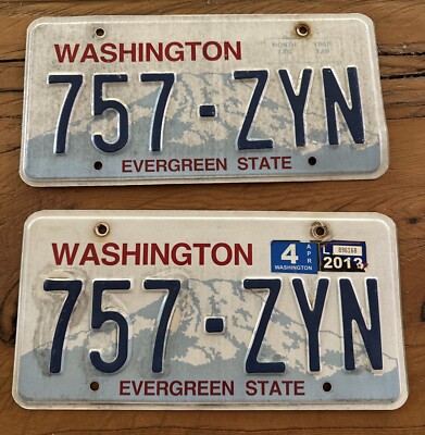 WASHINGTON STATE 2013 License Plate Set 757-ZYN EVERGREEN STATE | eBay