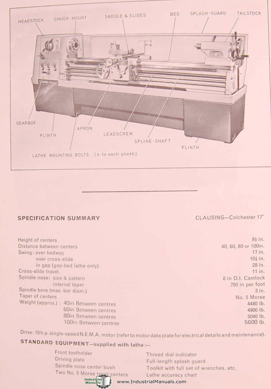 Clausing 17", 8000 Series Lathes, Instructions and Parts Manual 1966 | eBay