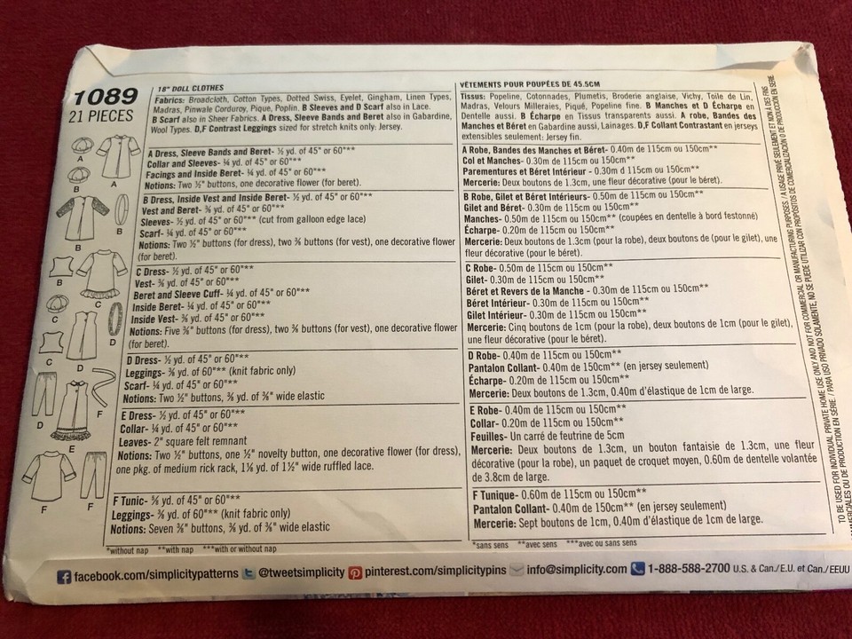 🌸 SIMPLICITY #1089 - 18" DOLL CLOTHING - FITS AMERICAN GIRL DOLL PATTERN FF | eBay