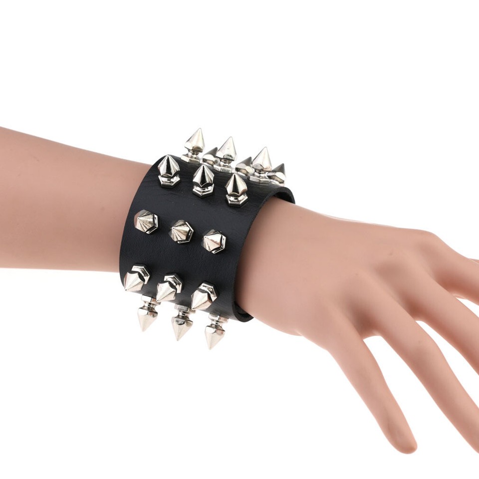 Punk Spike Studed Cuff Bracelet Wristband Multi-layer Leather Wide ...