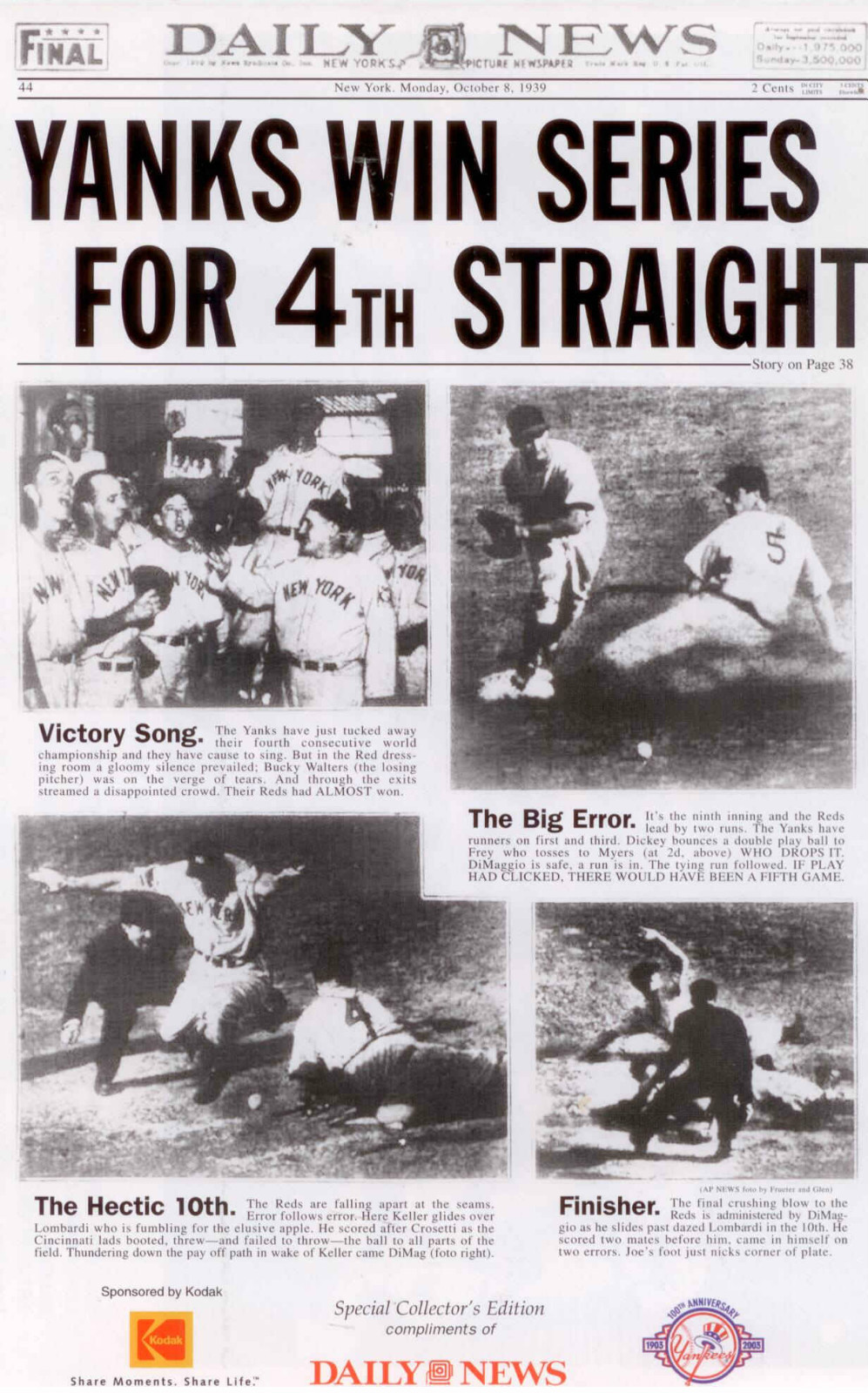 New York Yankees Daily News RePrint of 1939 World Series Team Photo ...