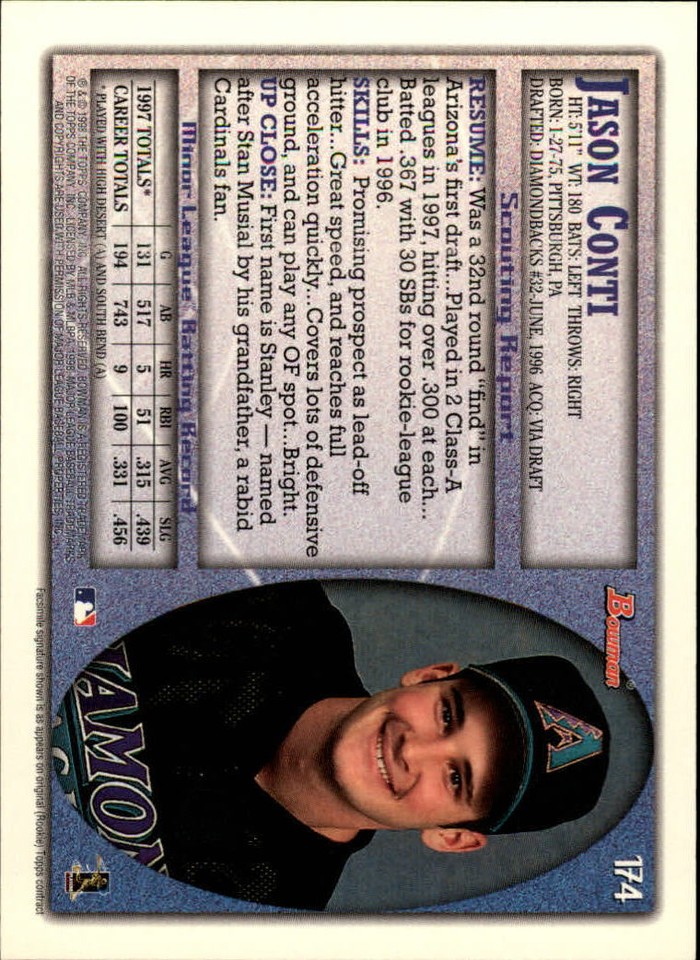 1998 Bowman Arizona Diamondbacks Baseball Card #174 Jason Conti | eBay