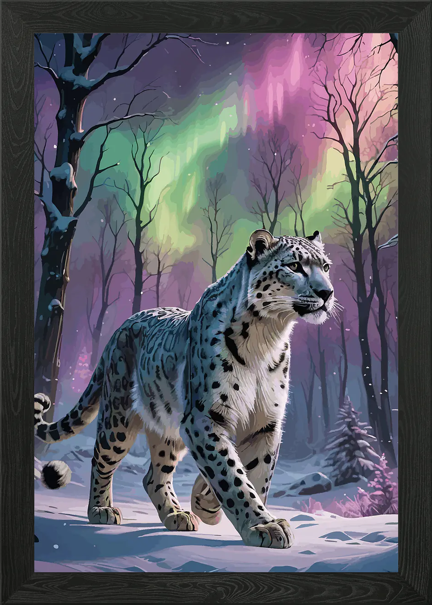 Snow Leopard Under Aurora Borealis Framed Wall Art Poster Canvas Print ...