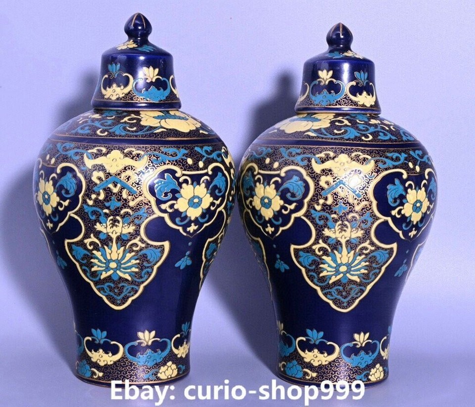 9.4" Rare Blue Glaze Enamel Porcelain Palace Bat Flower Pattern Bottle ...